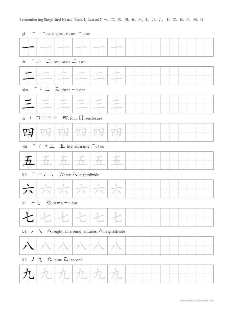 Remembering Simplified Hanzi - Book 1, Lesson 1 Worksheet | PDF