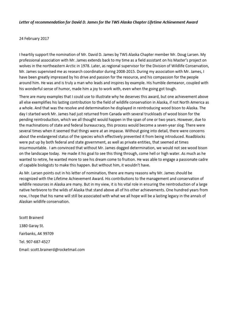 Recommendation for David D. James Award | PDF | Wildlife