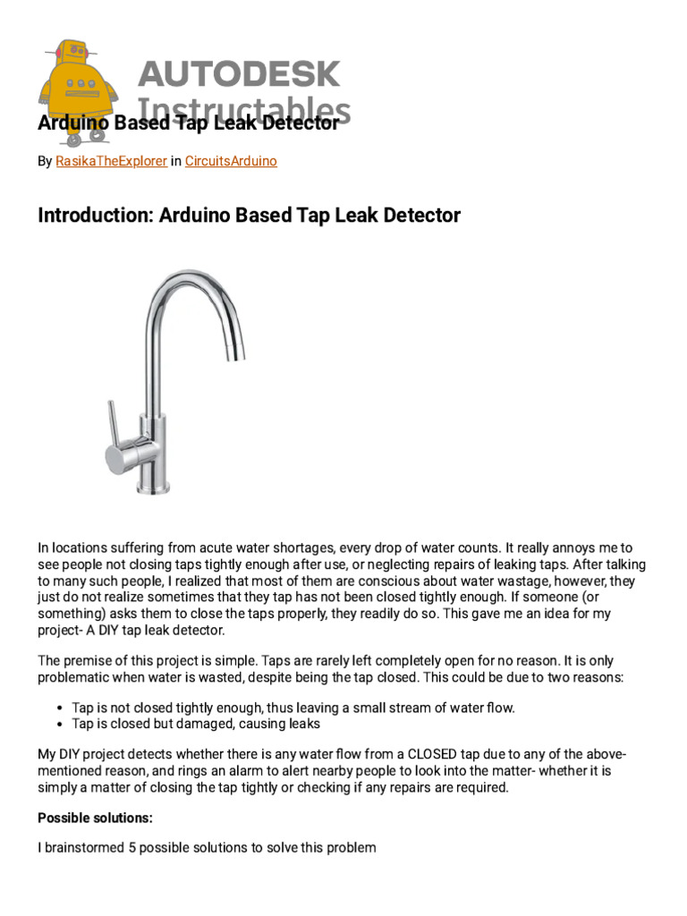 Arduino Based Tap Leak Detector - 5 Steps Instructables | PDF | Arduino | Sensor