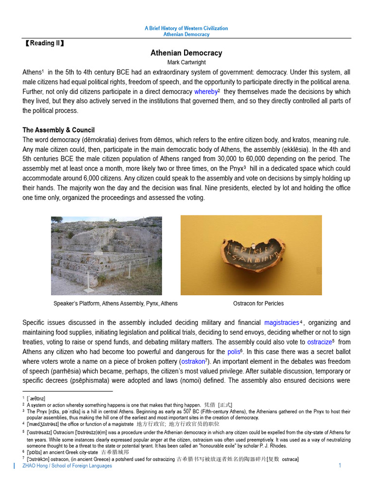 Reading II. Athenian Democracy | PDF | Peloponnesian War | Ancient Athens