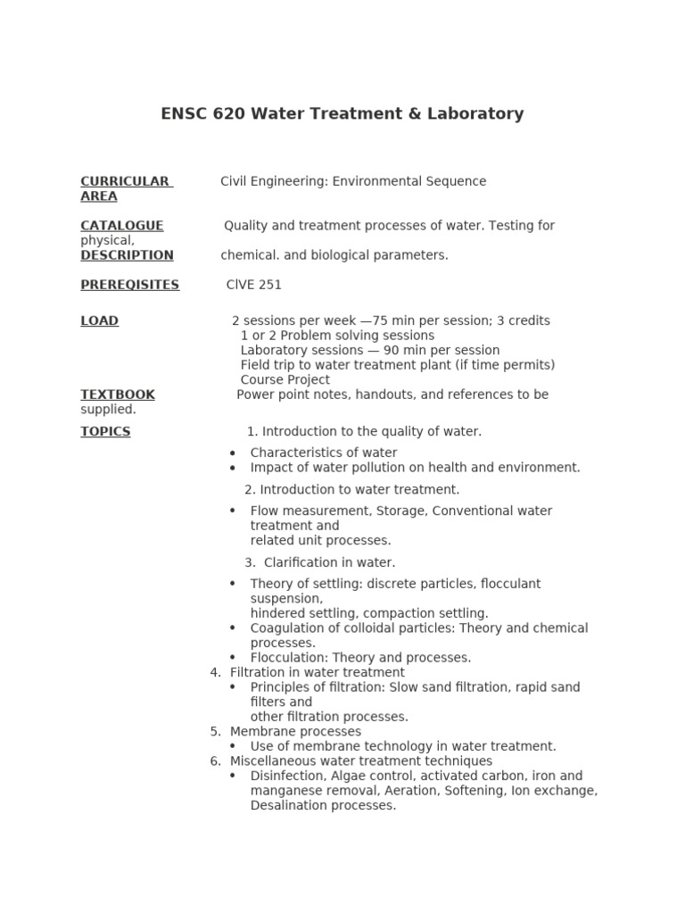 ENSC 620 Water Treatment Overview | PDF | Water Purification ...