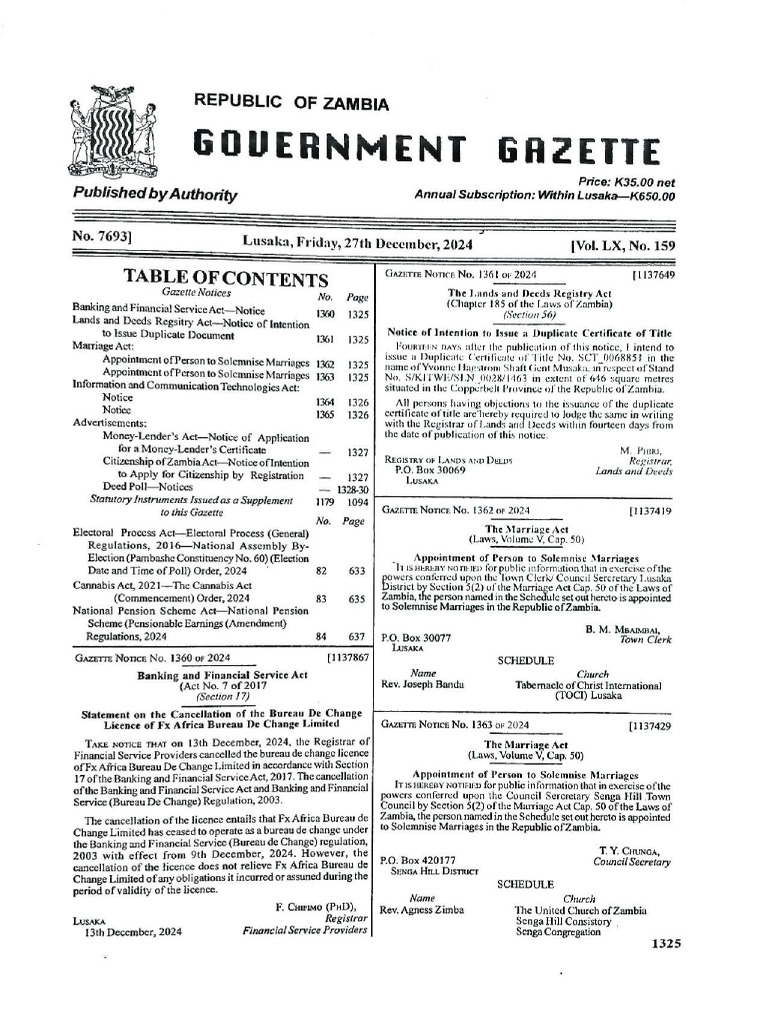 Zambia Gazette: December 2024 Notices | PDF