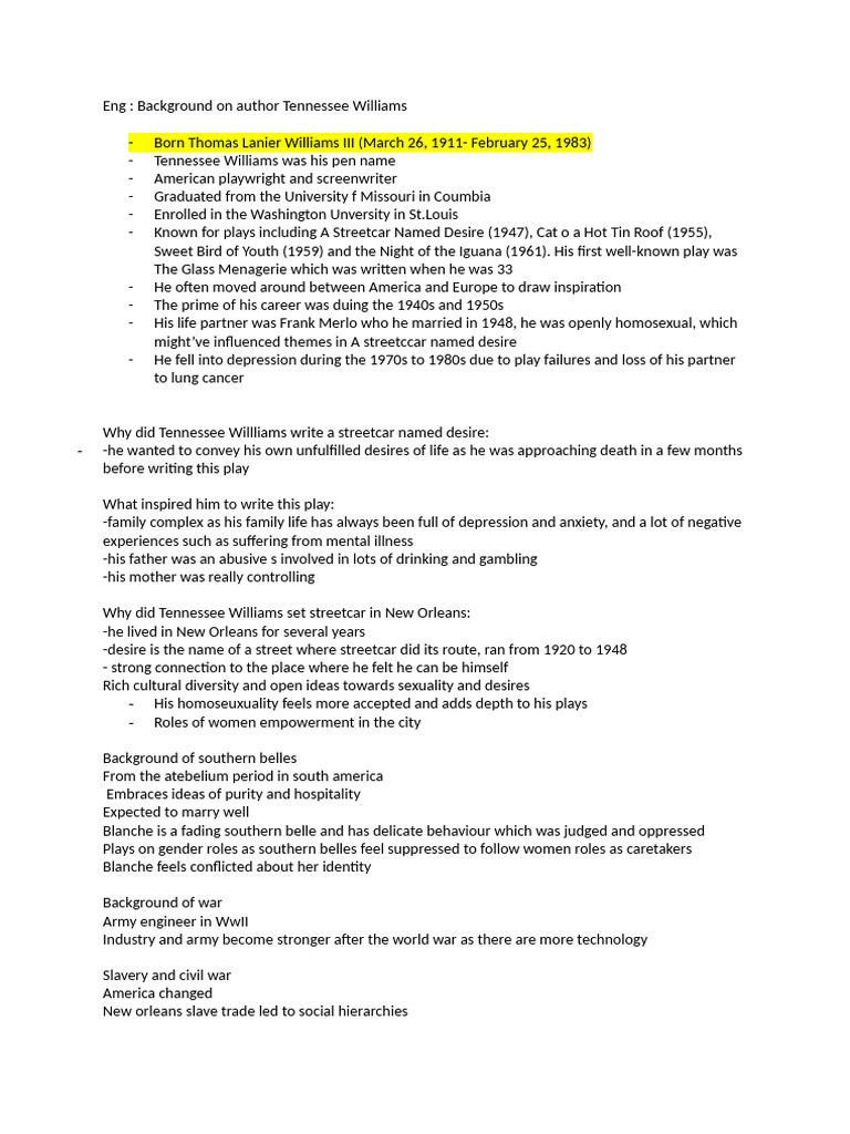 Tennessee Williams A Streetcar Named Desire | PDF