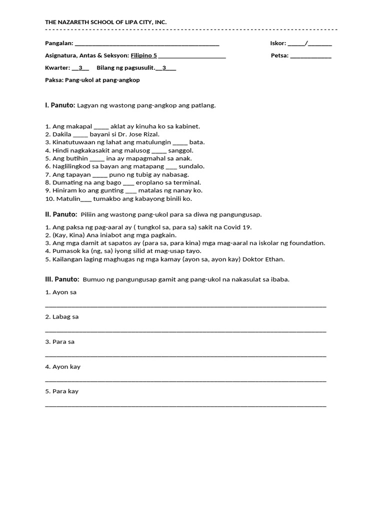 Pagsusulit 3 Q3 Filipino 5 | PDF