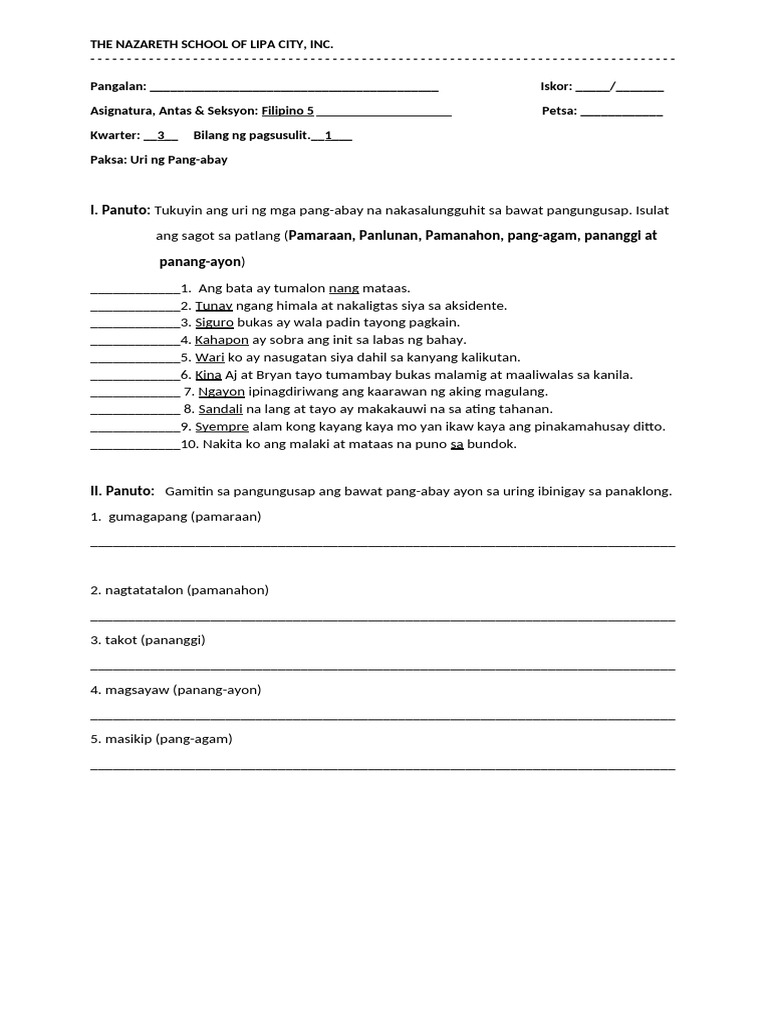 Pagsusulit 2 Q3 Filipino 5 | PDF