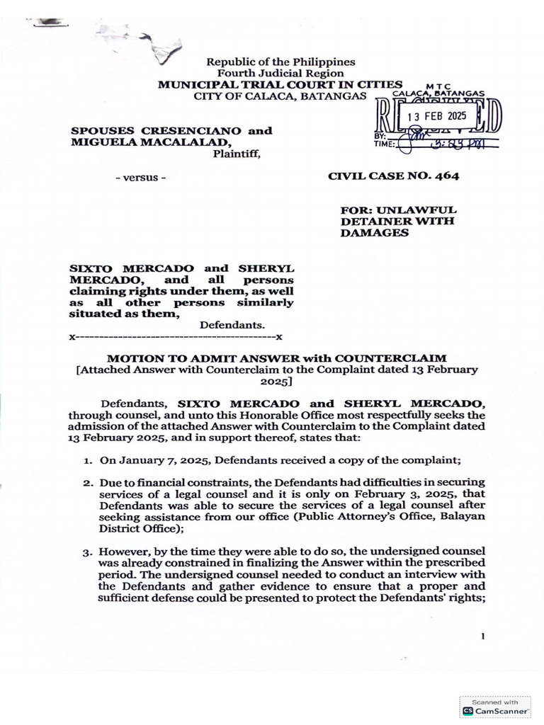 Civil Case No. 464, Motion To Admit Answer With Counterclaim | PDF