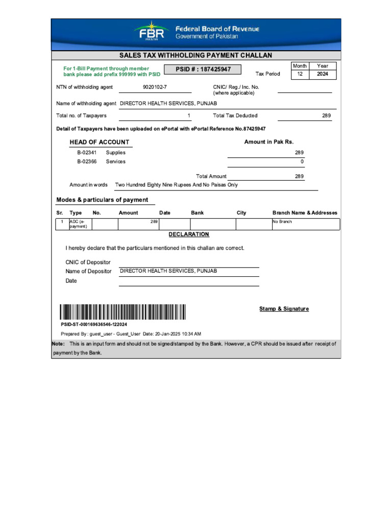 Sales Tax WHPayment PSID | PDF