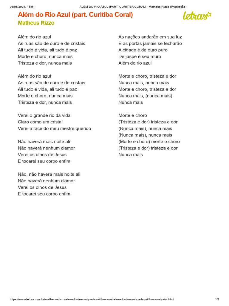 Letra de "Além do Rio Azul" | PDF
