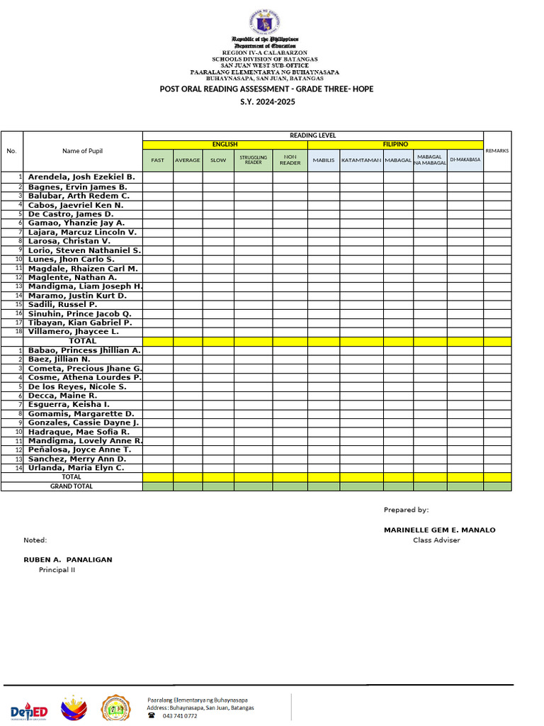 Grade 3 Oral Reading Assessment Results | PDF