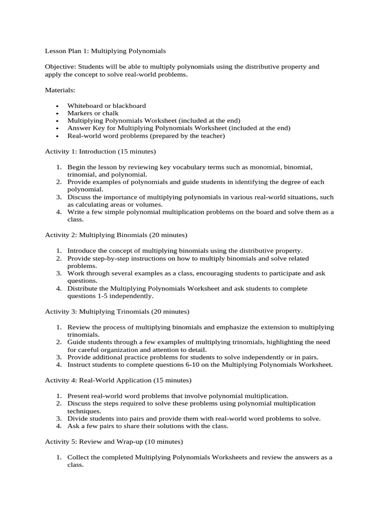 Multiplying Polynomials Lesson Plan | PDF | Algebra | Mathematics