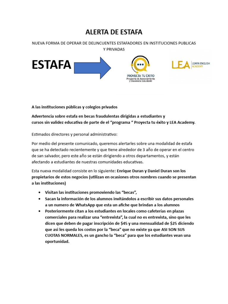 Alerta sobre estafa en becas educativas | PDF