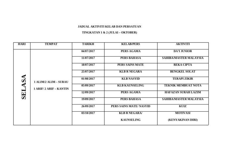 Jadual Aktiviti Kelab Dan Persatuan | PDF