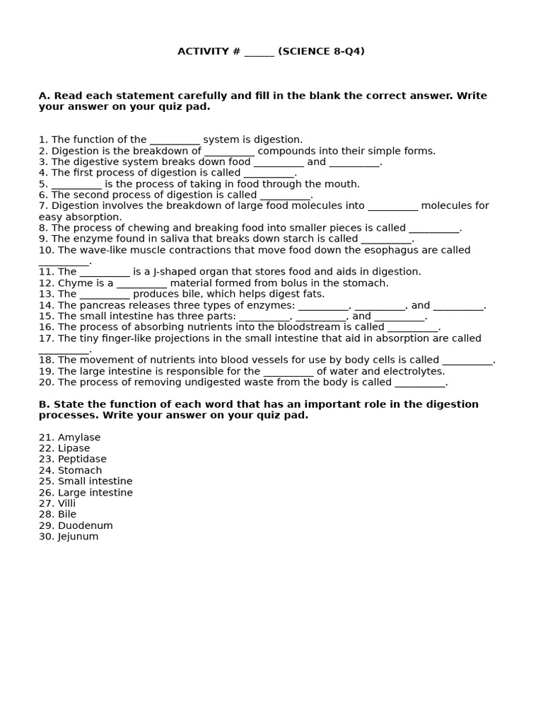 Activity - Digestion Processes | PDF