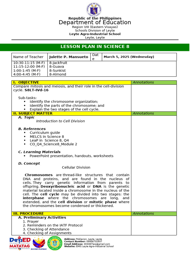 Science 8 Lesson Plan: Cell Division | PDF | Mitosis | Chromosome