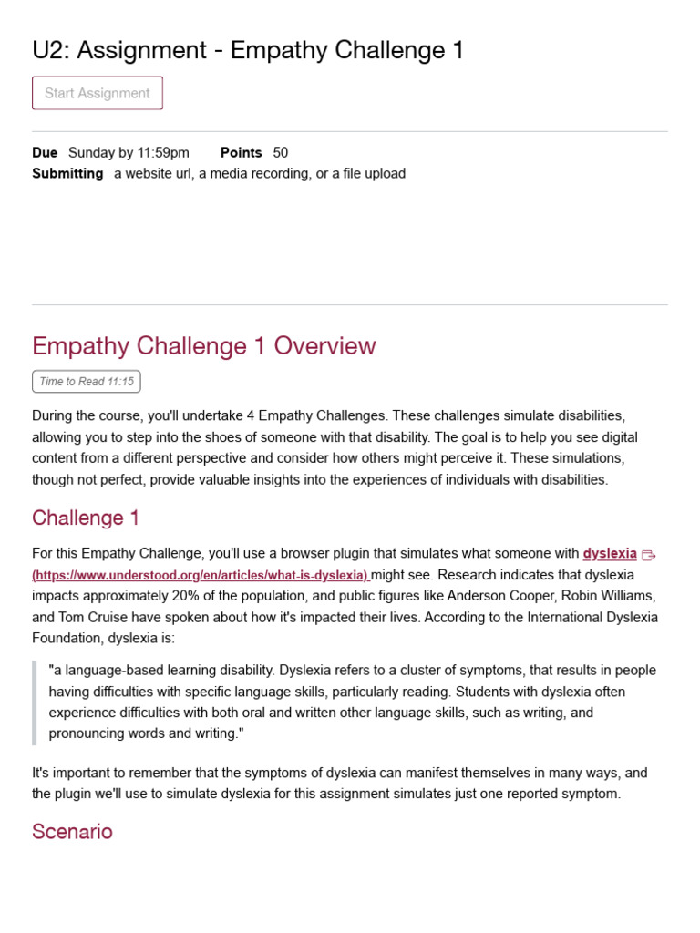 U2 - Assignment - Empathy Challenge 1 | PDF | Dyslexia | Microsoft Word