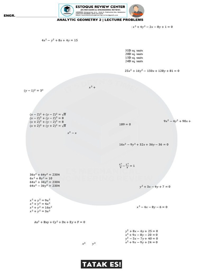 DAY 9 - ANALYTIC GEOMETRY 2 l LECTURE PROBLEMS | PDF | Ellipse ...