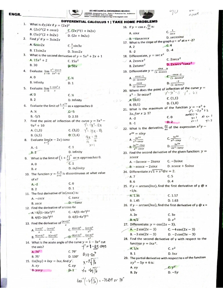 DAY 10 - DIFFERENTIAL CALCULUS 1 L TAKE HOME PROBLEMS | PDF
