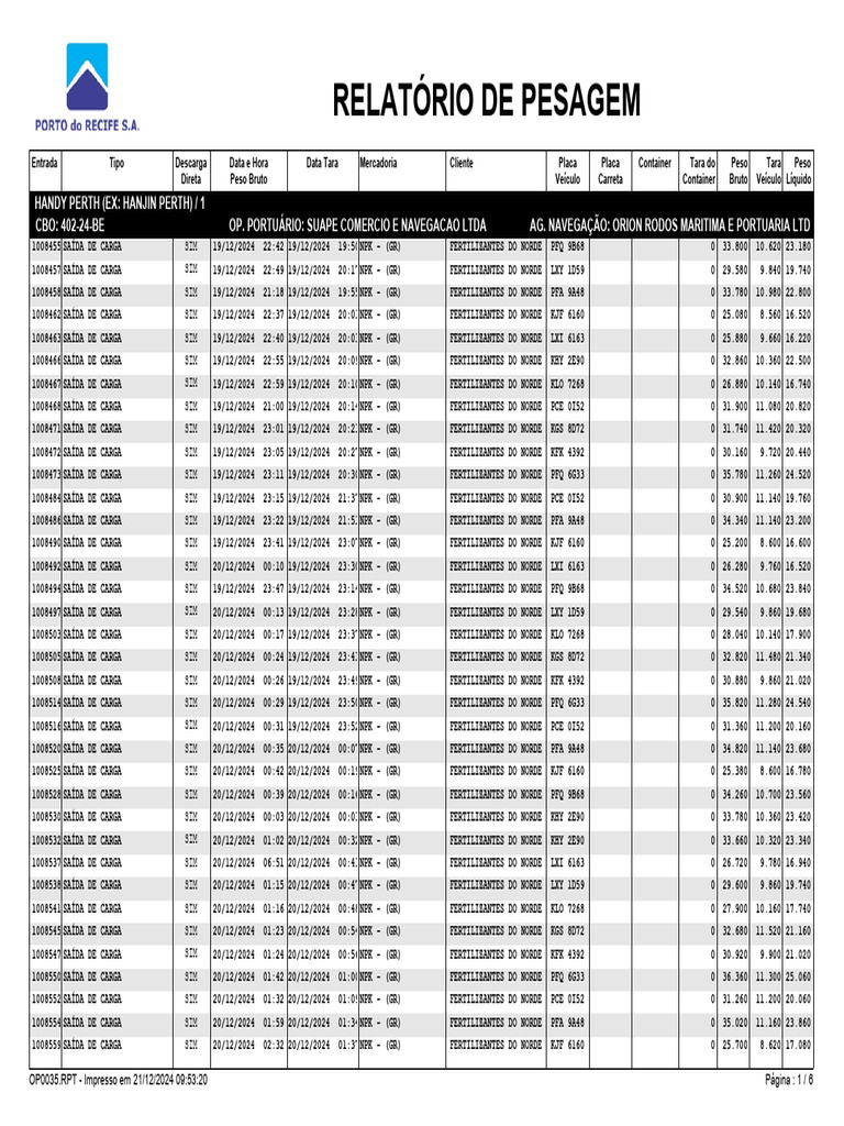 MV HANDY PERTH - Relatório de Pesagem (Fábrica) | PDF