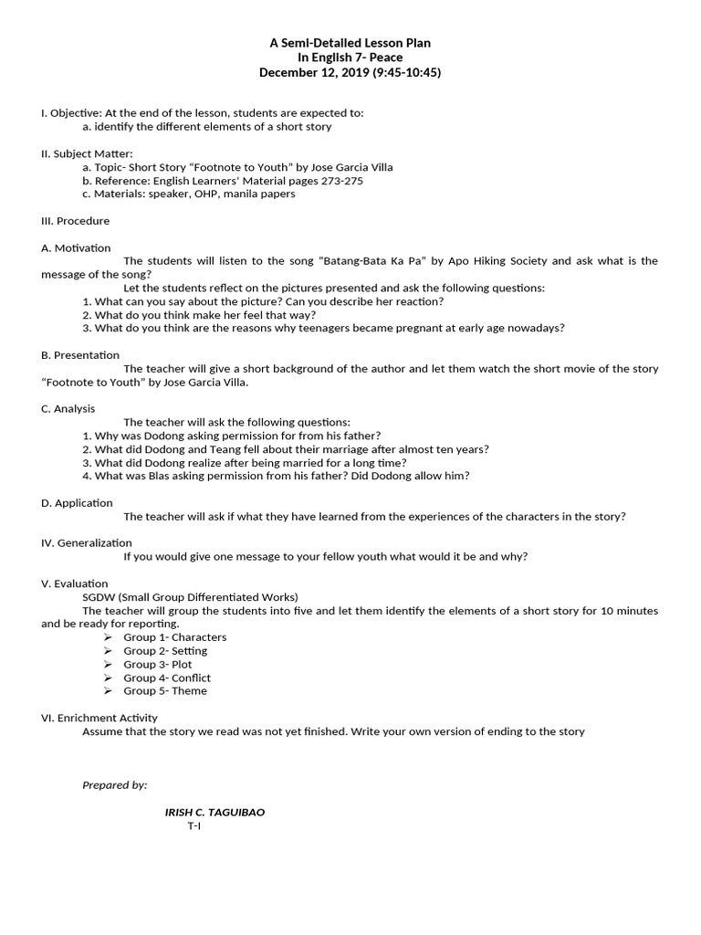 English 7 Lesson Plan: Short Story Analysis | PDF