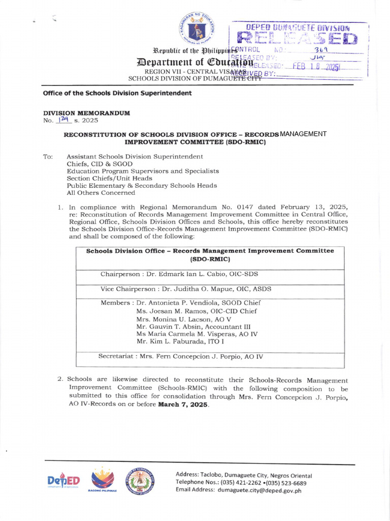 dm25124 - Reconstitution of Schools Division Office - Records ...