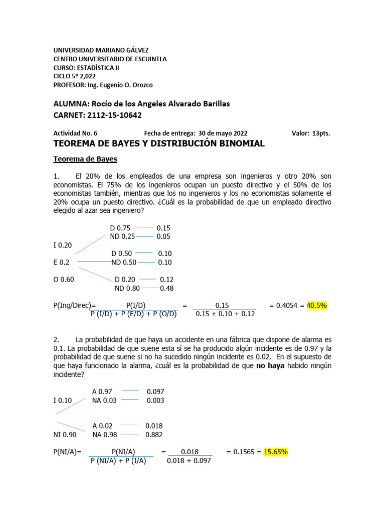 Tarea 6. Teorema de Bayes y Distribución Binomial (Rocío Alvarado) | PDF | Probabilidades y ...
