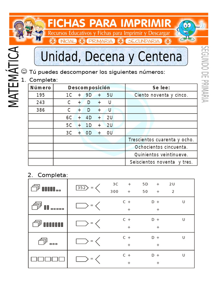 Ficha de Unidad Decena Centena para Segundo de Primaria | PDF | Aritmética | Matemática Elemental
