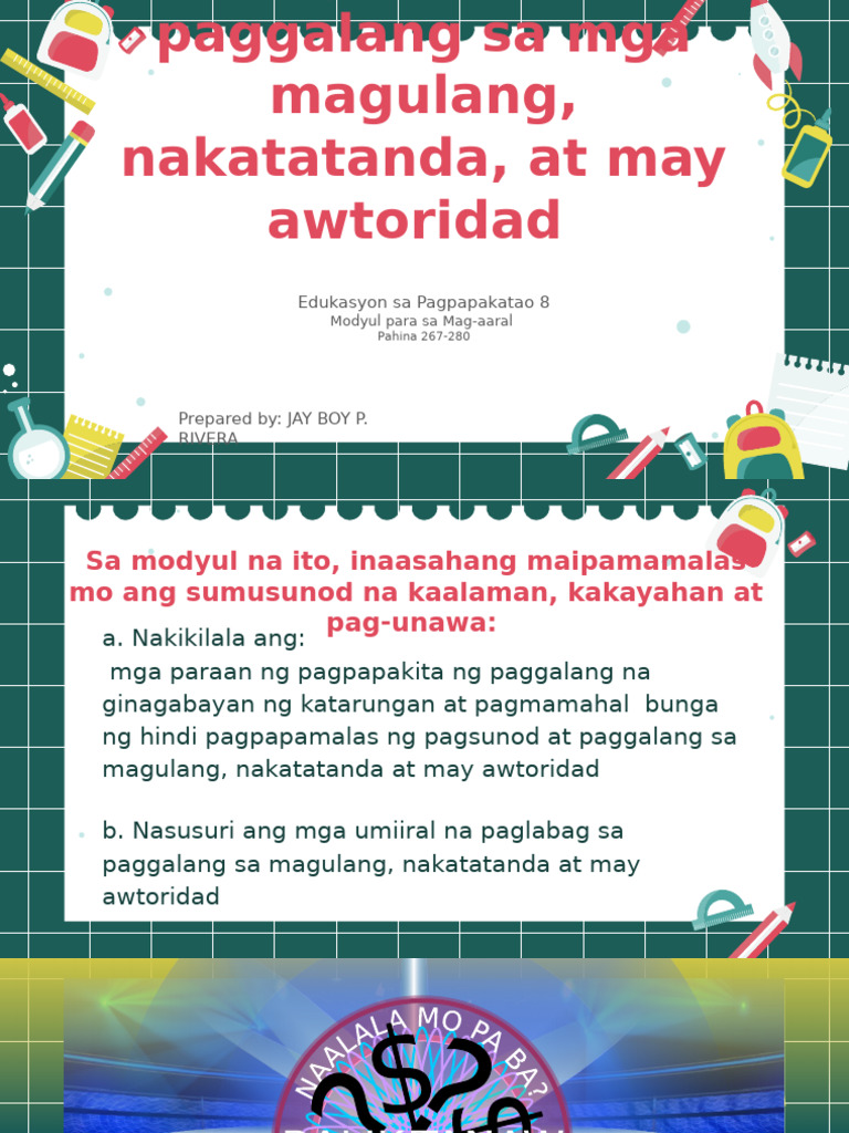 Module 10 Pagsunod at Paggalang Sa Mga Magulang, Nakatatanda, at May Awtoridad | PDF