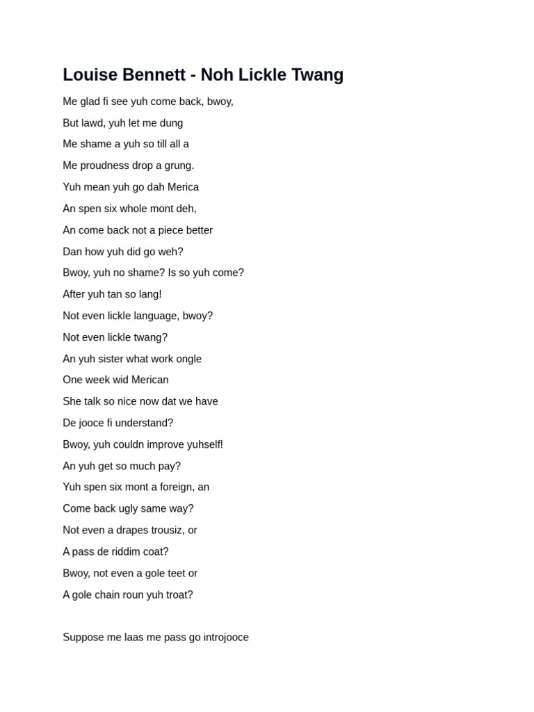 Louise Bennett - Noh Lickle Twang | PDF