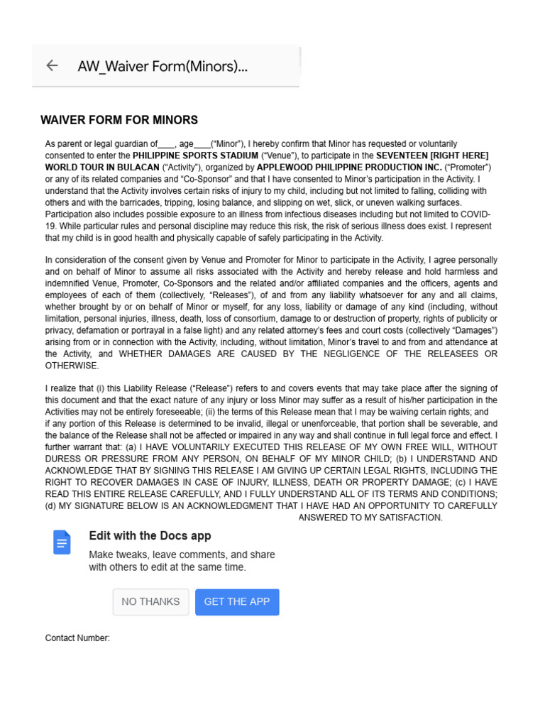 Minor Participation Waiver Form | PDF | Damages | Negligence