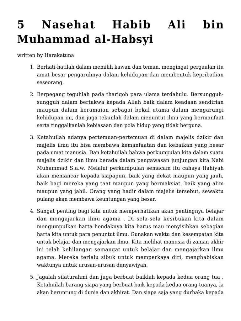5 Nasehat Habib Ali Bin Muhammad Al Habsyi | PDF