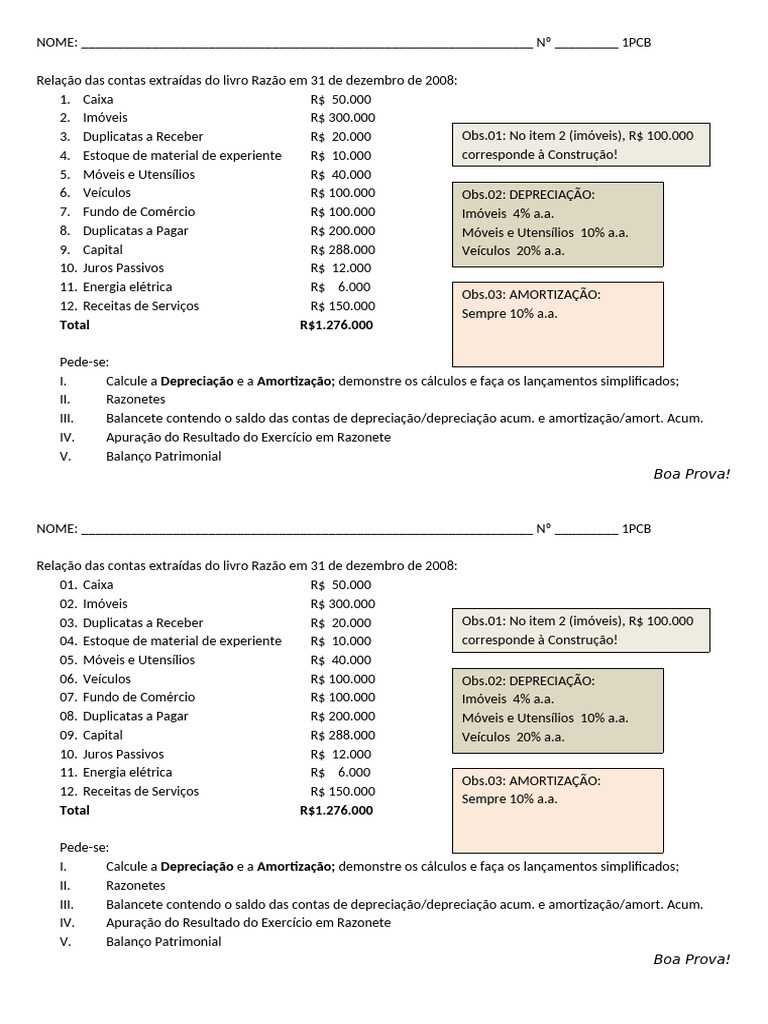 Cálculo de Depreciação e Balanço Patrimonial | PDF | Corporações ...