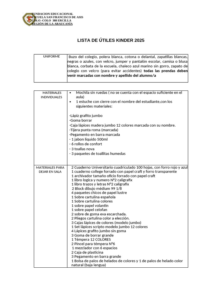Lista de Útiles Kinder 2025 | PDF | Ropa