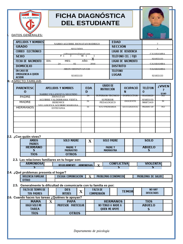 Ficha Diagnostica Del Estudiante 2023 Jg | PDF | Conceptos psicologicos