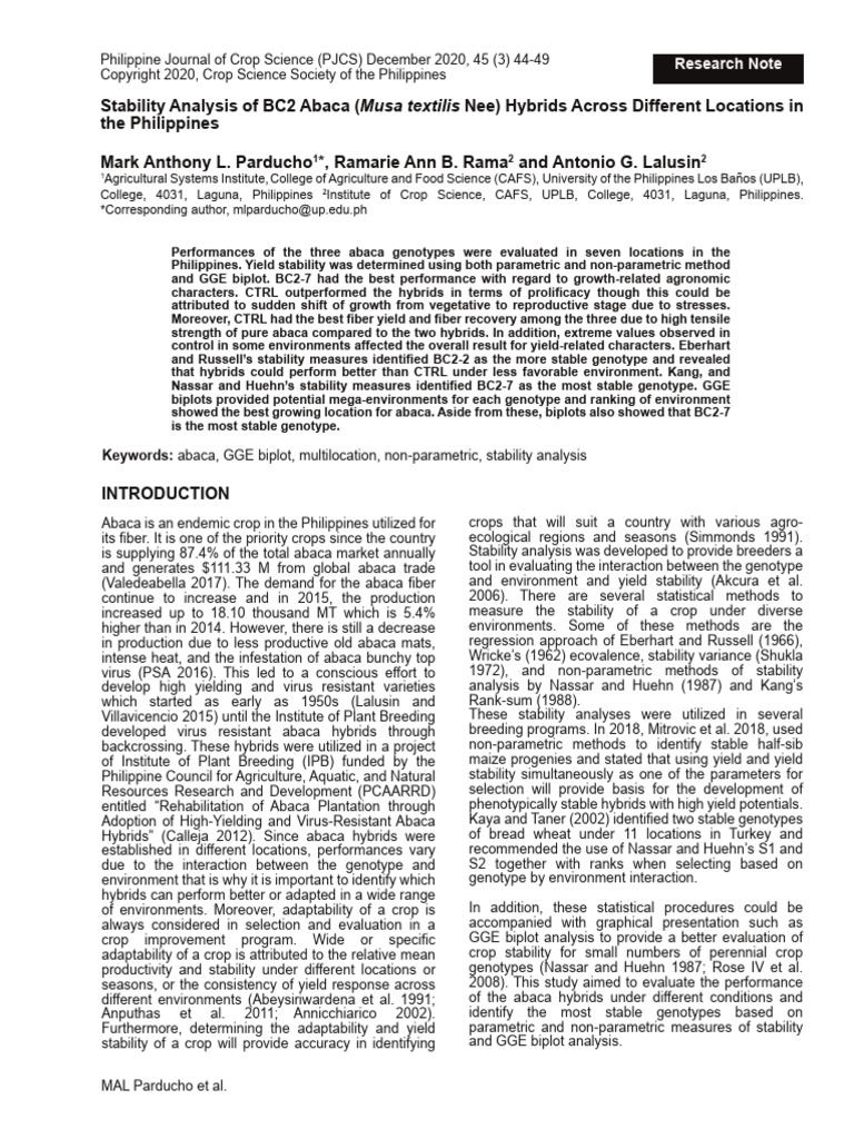 Parducho Et Al 2023 Stability Analysis Of Bc2 Abaca Musa Textilis Nee