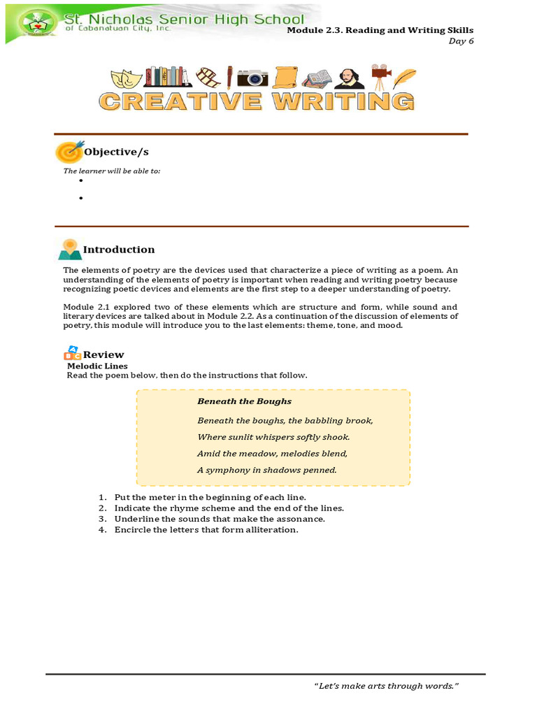 CREATIVE WRITING - DAY 6 - Module 2.3. Reading and Writing Poetry | PDF ...
