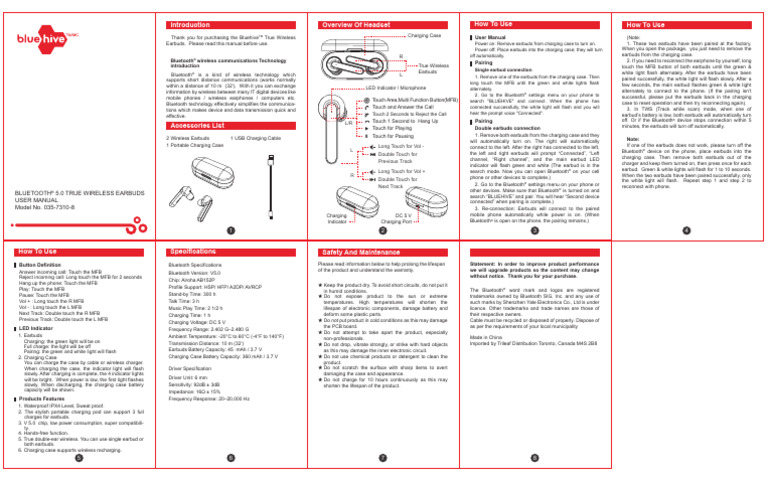 Earbuds BlueHive 035-7310-8 | PDF | Headphones | Bluetooth