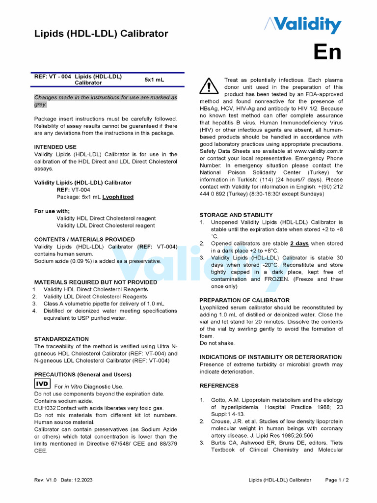 Arcal Lipids HDL LDL Calibrator Lyophilized - Ifu - Eng | PDF