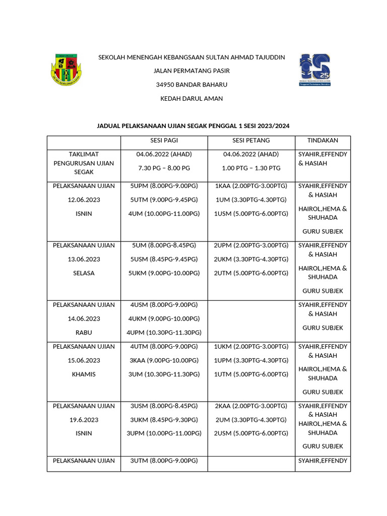 Jadual Pelaksanaan Ujian Segak Penggal 1 2023 | PDF