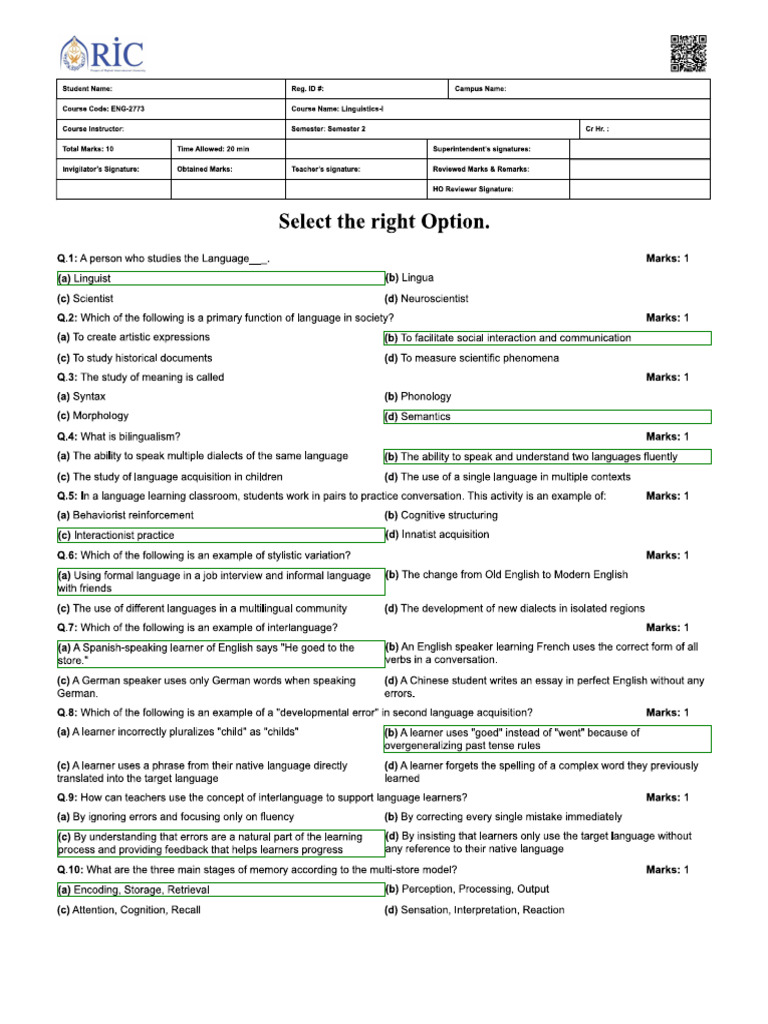 Answer Sheet For Linguistics-I MCQs Version-II | PDF
