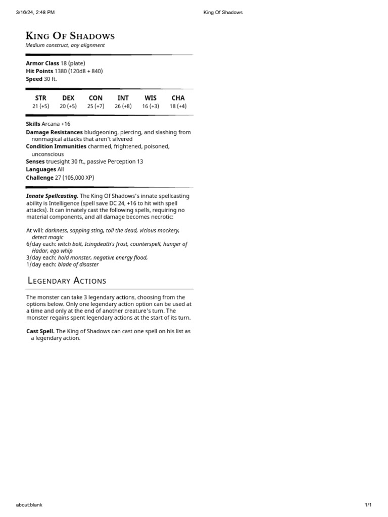 King of Shadows D&D Monster Stats | PDF