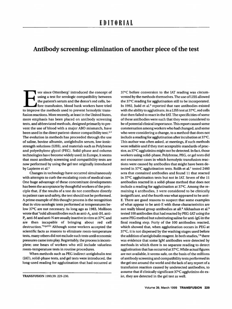 Antibody Screening Elimination of Another Piece of The Test 1999 | PDF ...