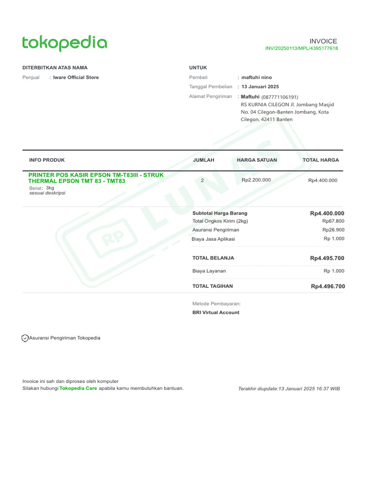 Invoice Pembelian Printer Epson TM-T83 | PDF