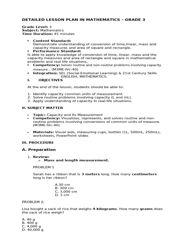 Grade 3 Capacity Lesson Plan | PDF | Litre | Water