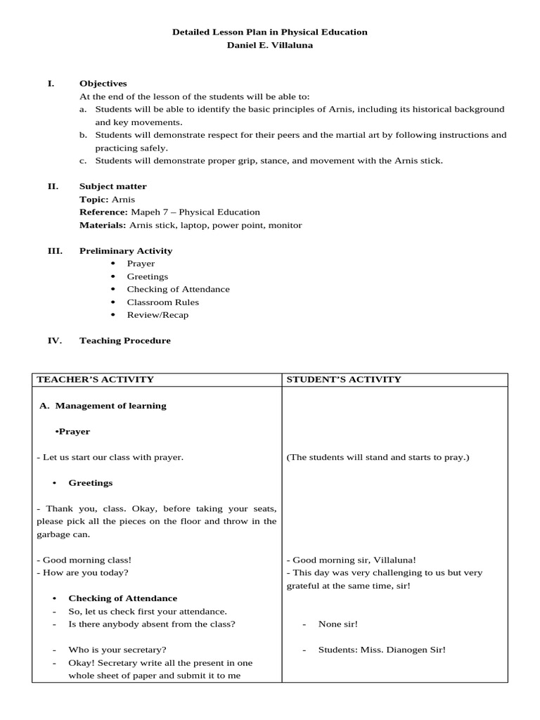 Arnis Lesson Plan for Physical Education | PDF