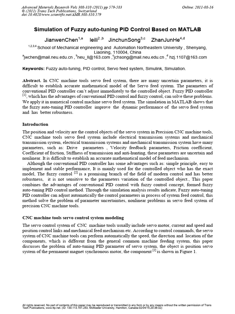 .Simulation of Fuzzy Auto-Tuning PID Control Based On MATLAB | PDF | Control Theory | Servomechanism