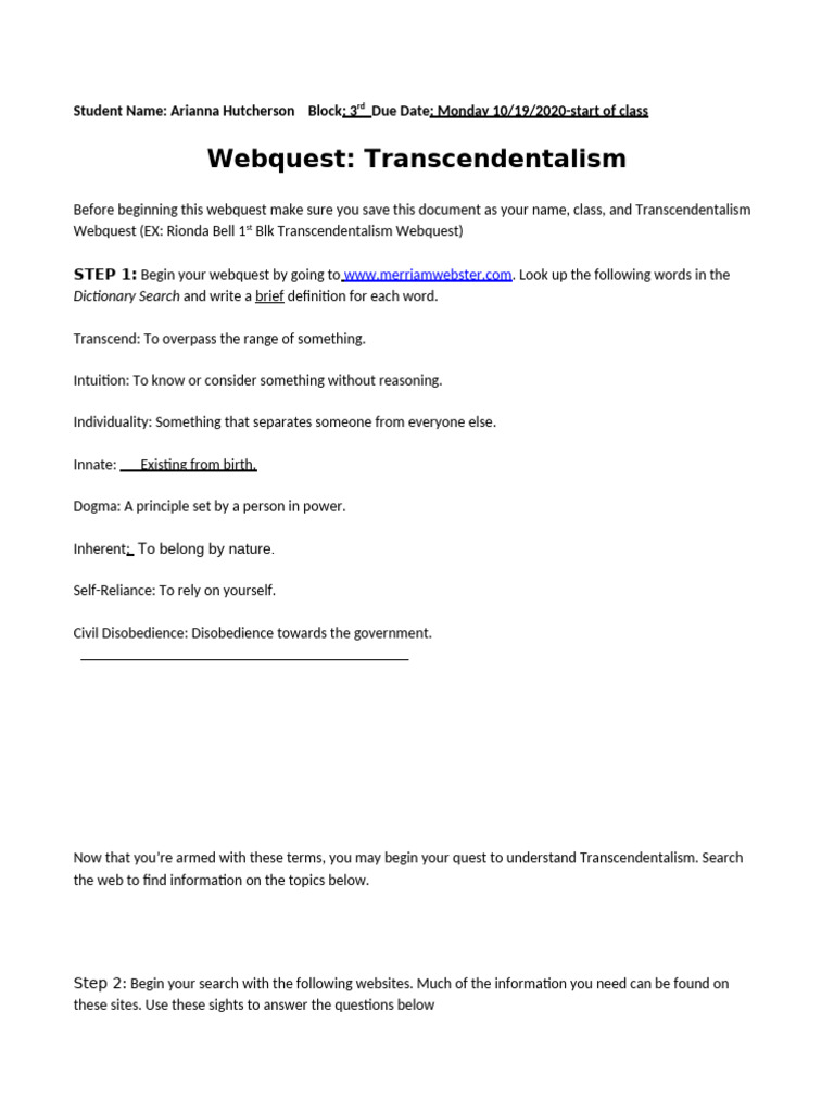Transcendentalism Webquest Guide | PDF | Transcendentalism | Henry ...