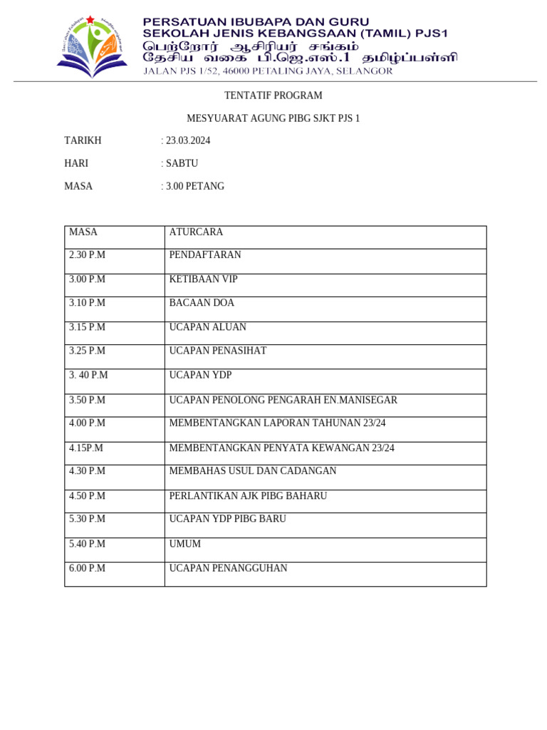Tentatif Program Agm Pibg | PDF