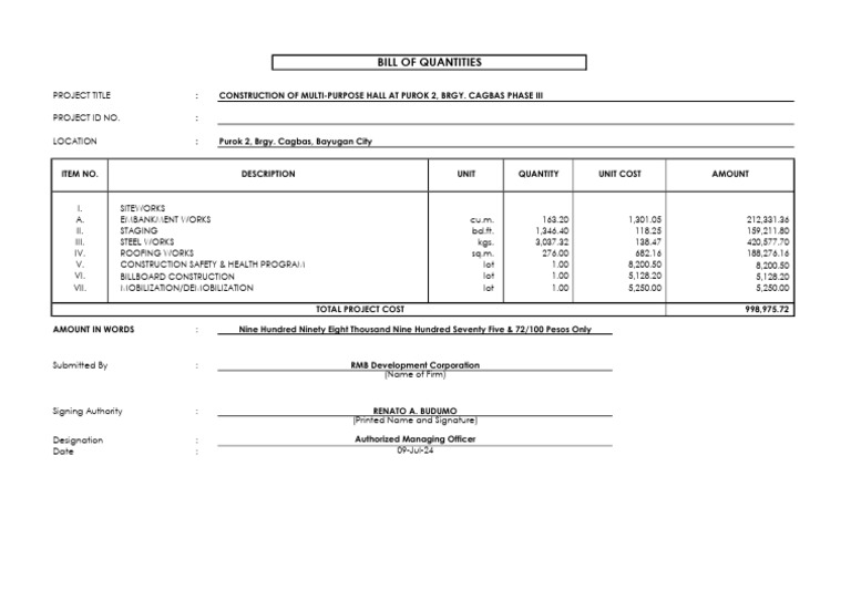 Boq_construction of Multi-purpose Hall at Purok 2, Brgy. Cagbas Phase III | PDF