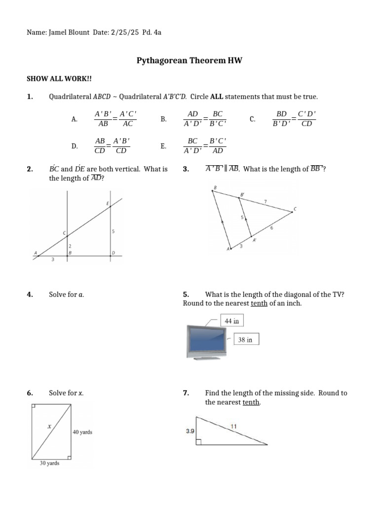 Pythagorean Theorem HW | PDF
