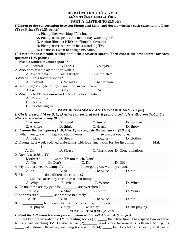 English Test for 6th Grade Students | PDF